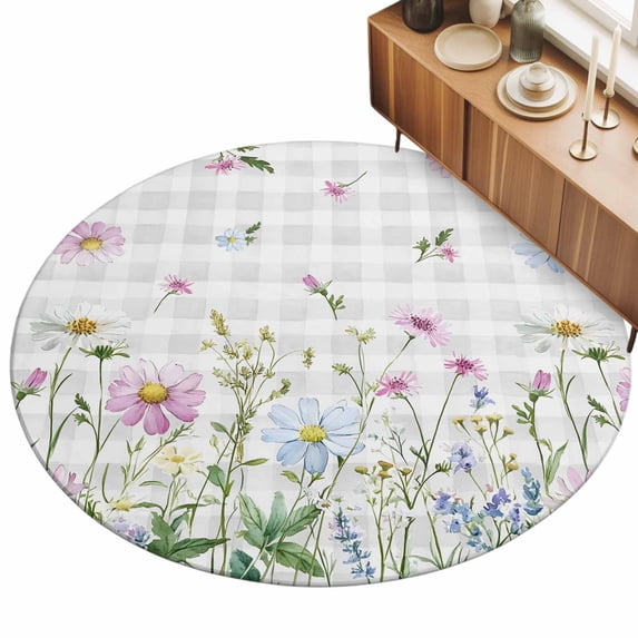 8ft Round Rug Flower Grey Area Rugs for Living Room Bedroom Washable ...