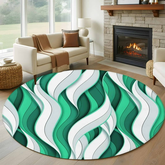 8ft Round Rug, Green White Moire Non-Skid Rubber Backing Large Area ...