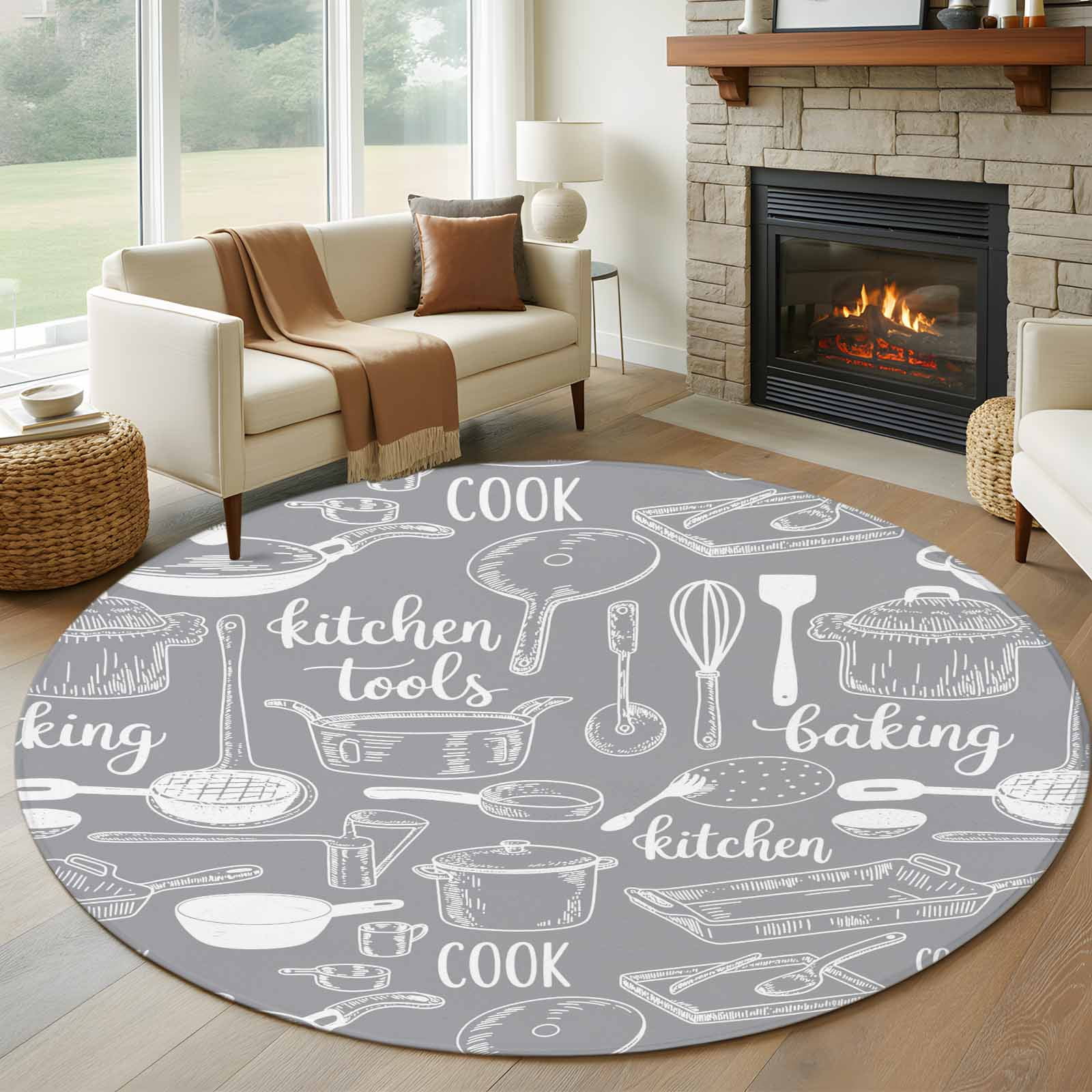 8ft Round Rug, Grey Kitchenware Non-Skid Rubber Backing Large Area Rugs ...