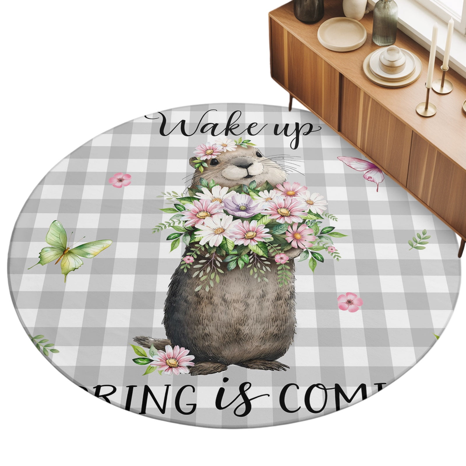 8ft Round Rug Grey Plaid Groundhog Area Rugs for Living Room Bedroom ...