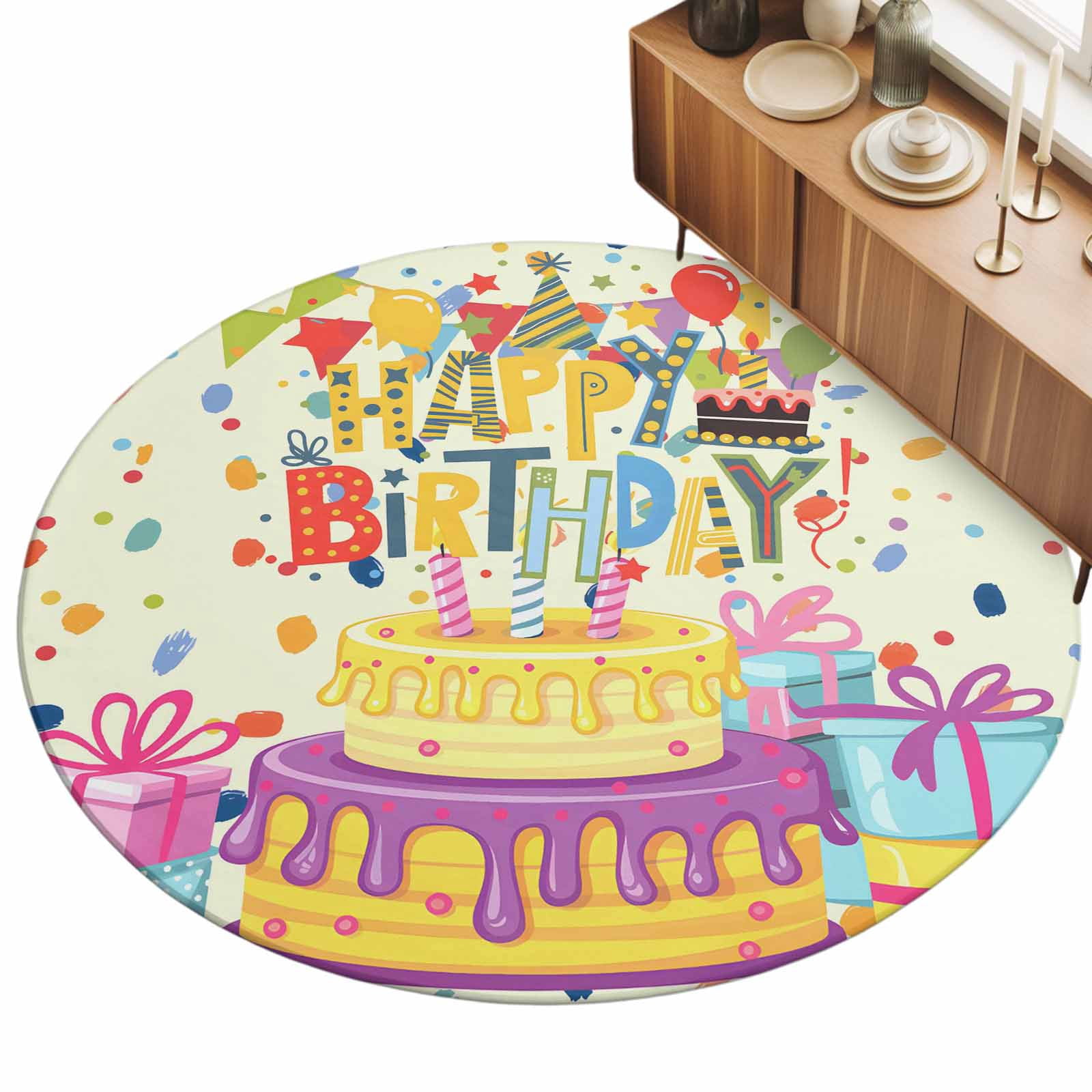 8ft Round Rug Happy Birthday Area Rugs for Living Room Bedroom Washable ...