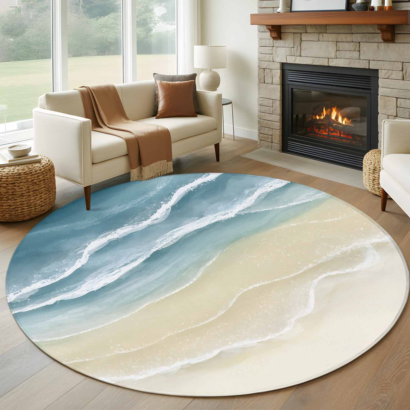 8ft Round Rug, Haze Blue Beach Coastal Non-Skid Rubber Backing Large ...