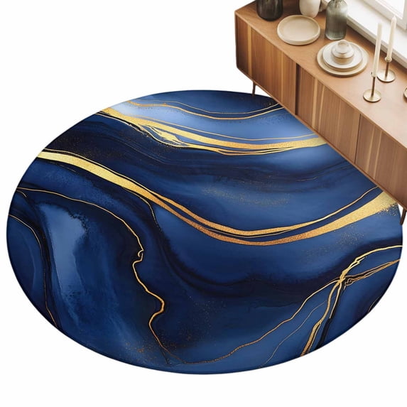 8ft Round Rug Marble Navy Blue Area Rugs for Living Room Bedroom ...