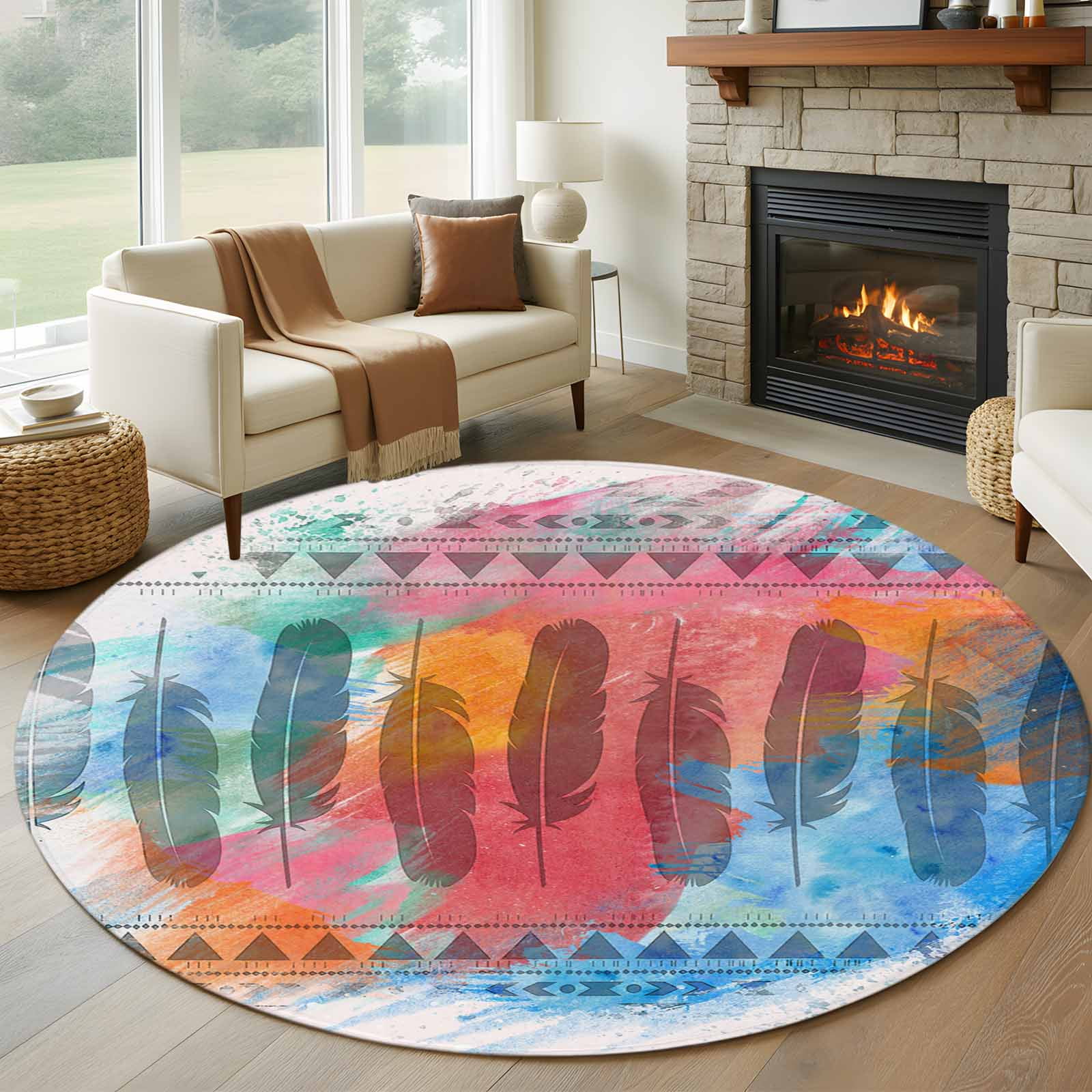 8ft Round Rug, Medi-eval Feather, Non-Skid Rubber Backing Large Area ...