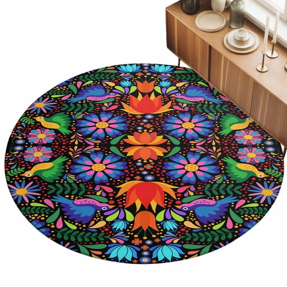 8ft Round Rug Mexican Flower Area Rugs for Living Room Bedroom Washable ...