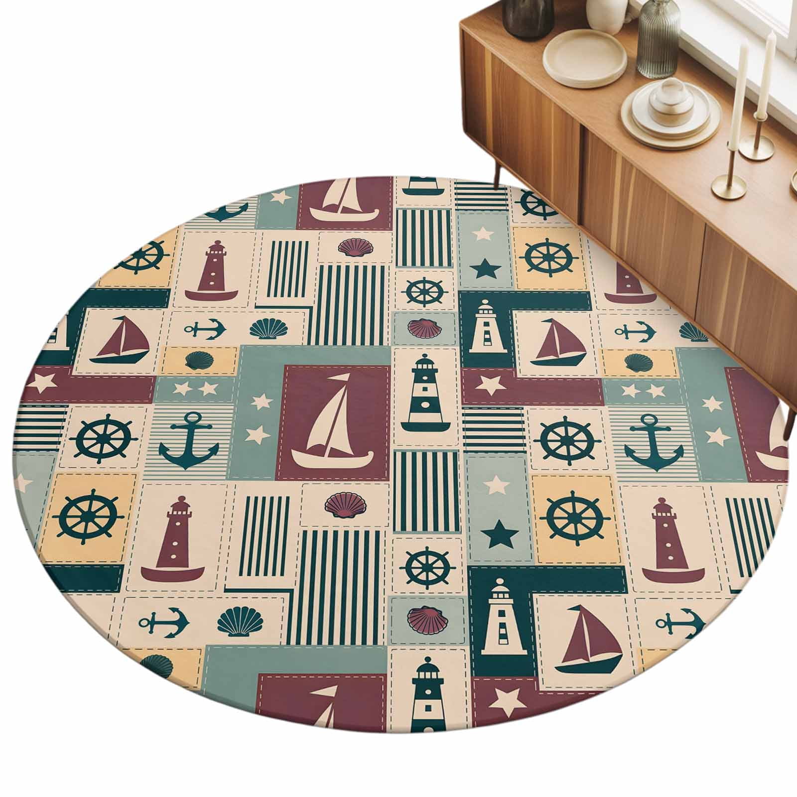 8ft Round Rug Nautical Ship Checked Area Rugs for Living Room Bedroom ...