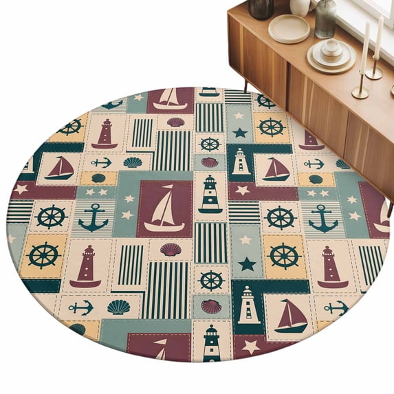 8ft Round Rug Nautical Ship Checked Area Rugs for Living Room Bedroom ...