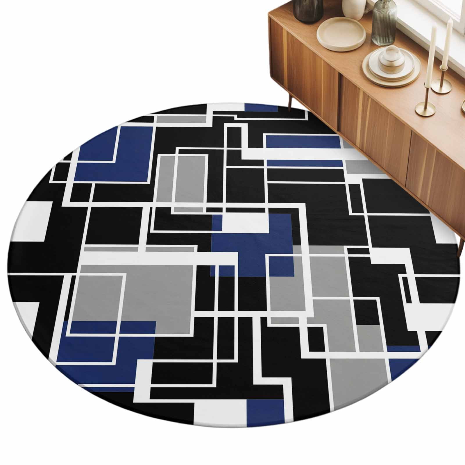 8ft Round Rug Navy Blue Black Geometric Area Rugs for Living Room ...
