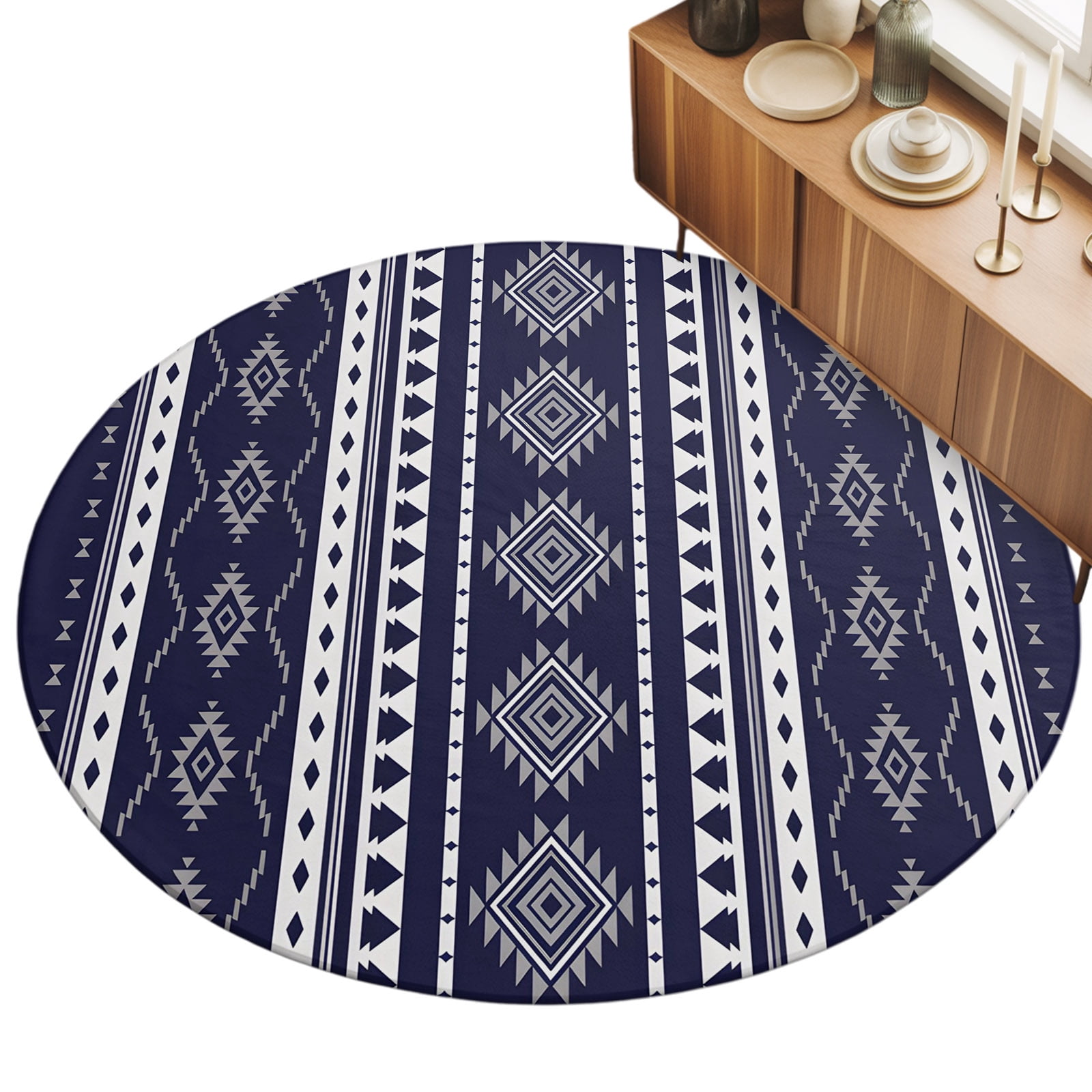 8ft Round Rug Navy Blue Boho Area Rugs for Living Room Bedroom Washable ...