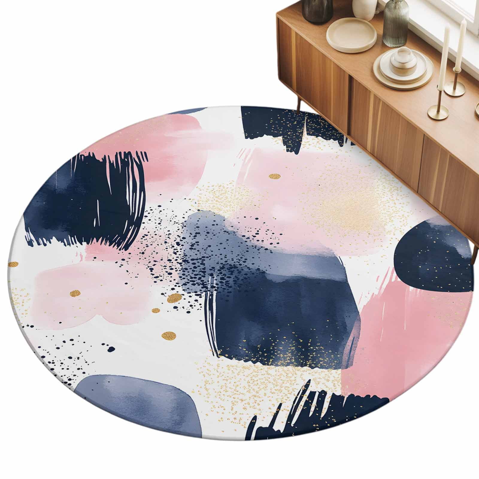 8ft Round Rug Navy Blue Pink Art Area Rugs for Living Room Bedroom ...