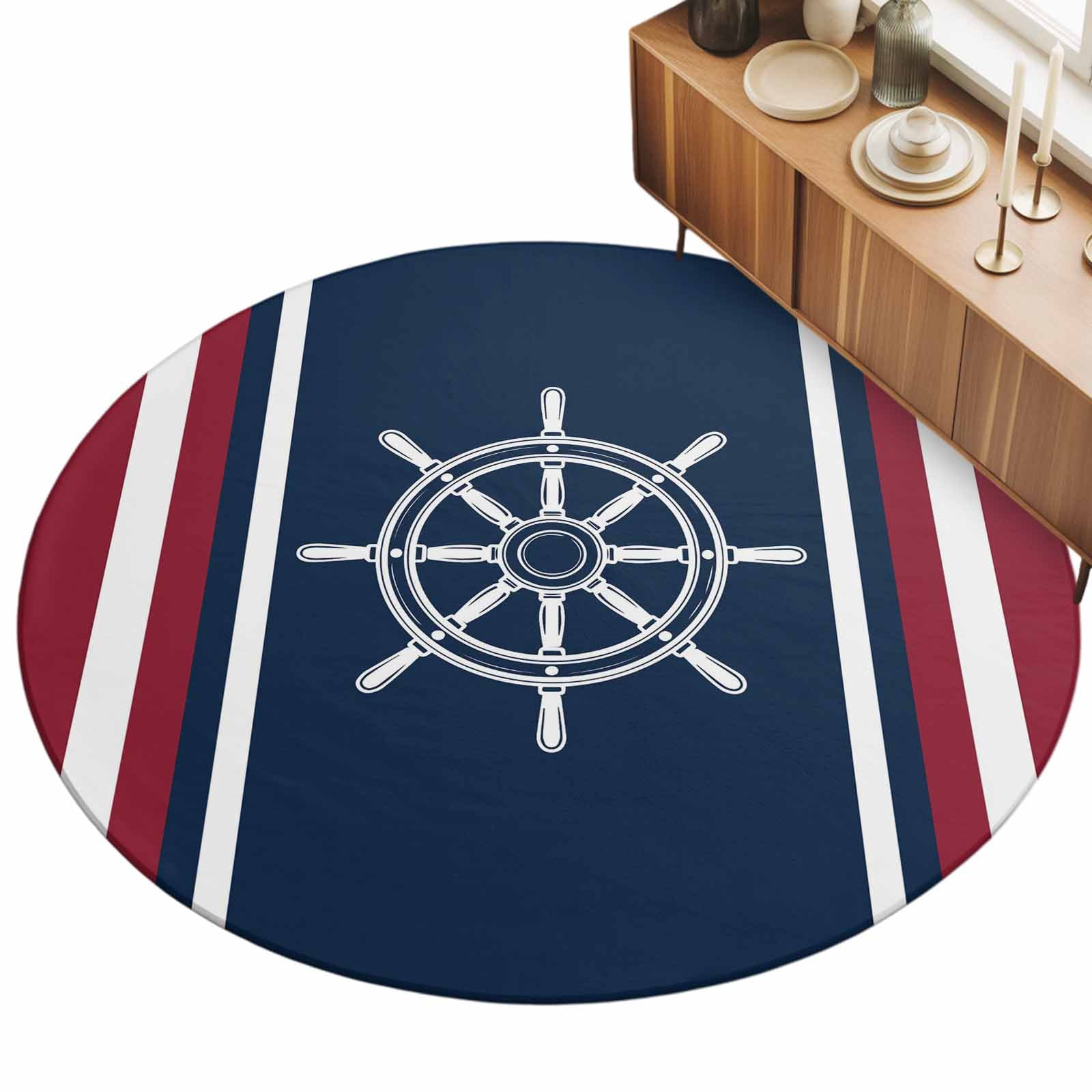 8ft Round Rug Navy Blue Red Stripe Area Rugs for Living Room Bedroom ...