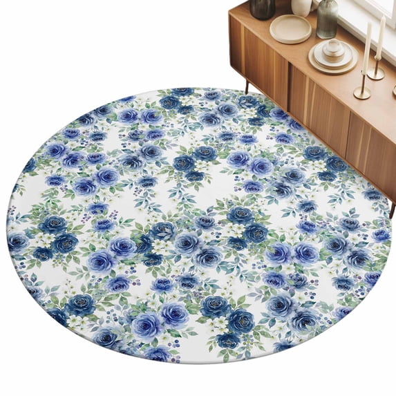 8ft Round Rug Navy Blue Roses Area Rugs for Living Room Bedroom ...