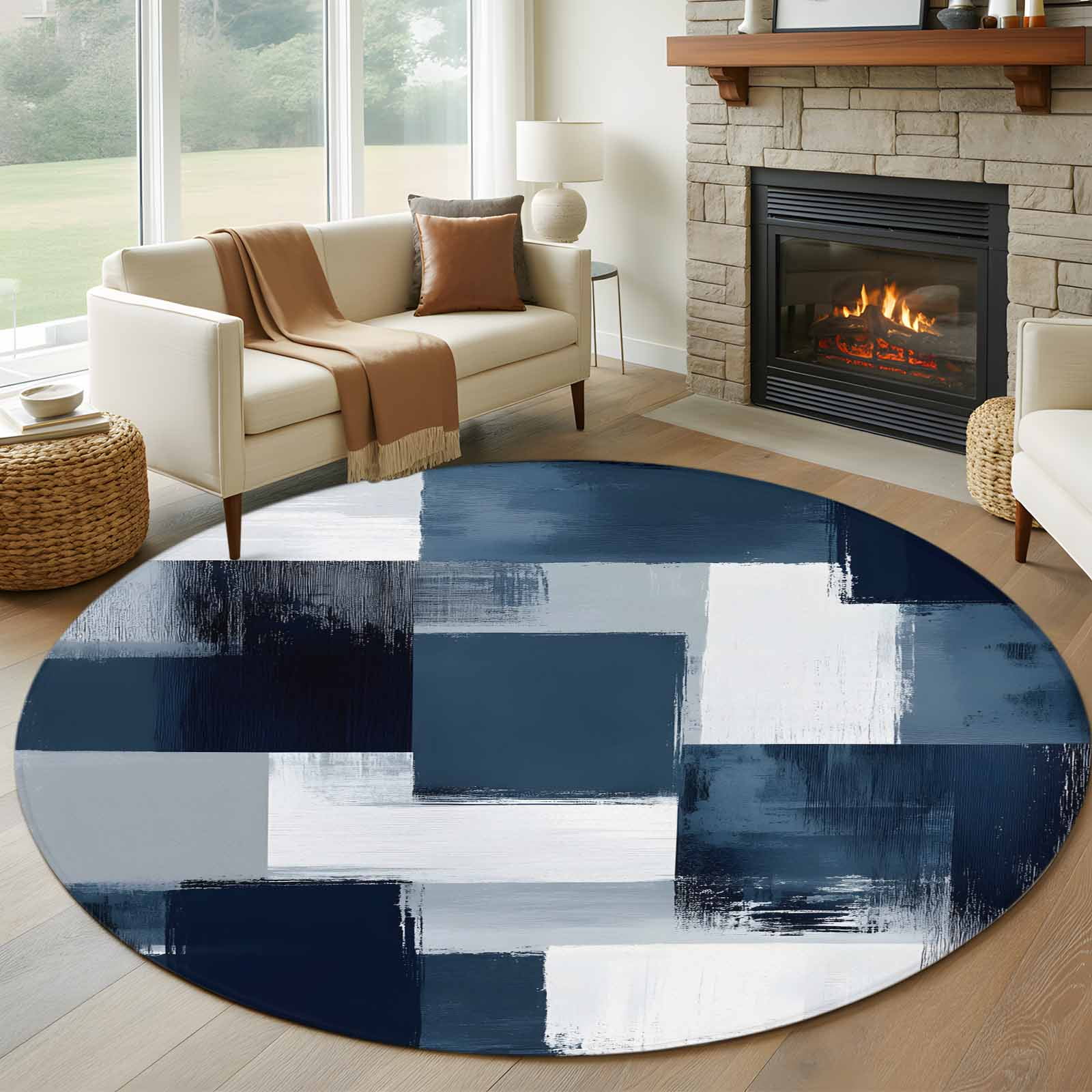 8ft Round Rug, Navy Blue White Non-Skid Rubber Backing Large Area Rugs ...