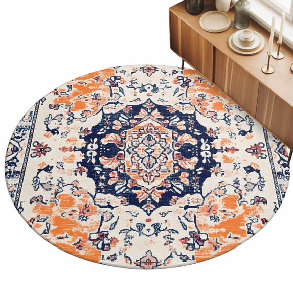 8ft Round Rug Orange Boho Area Rugs for Living Room Bedroom Washable ...