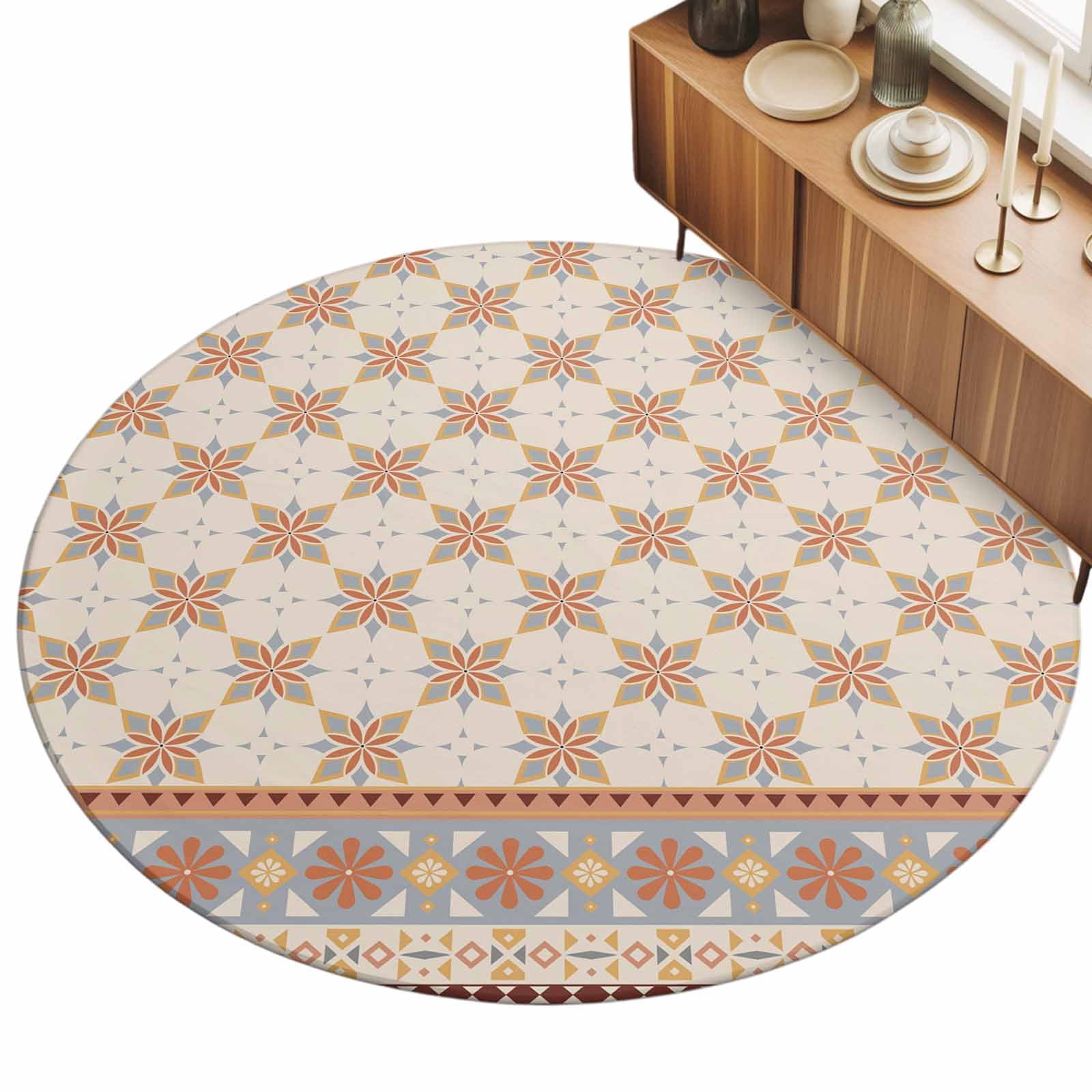 8ft Round Rug Orange Floral Area Rugs for Living Room Bedroom Washable ...
