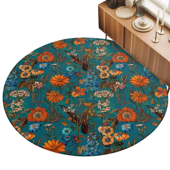 8ft Round Rug Orange Green Spring Floral Area Rugs for Living Room ...