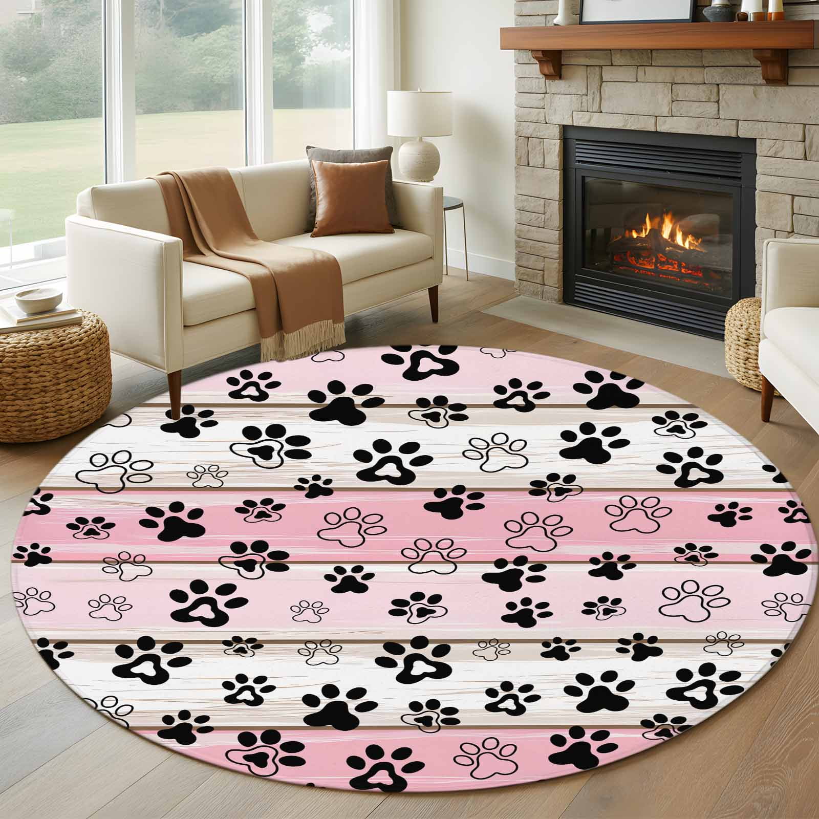 8ft Round Rug, Pink Beige Paw Print Non-Skid Rubber Backing Large Area ...