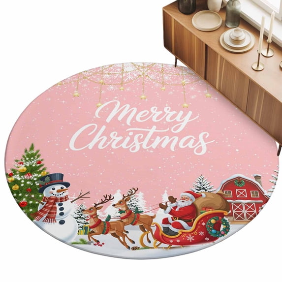8ft Round Rug Pink Christmas Area Rugs for Living Room Bedroom Washable ...
