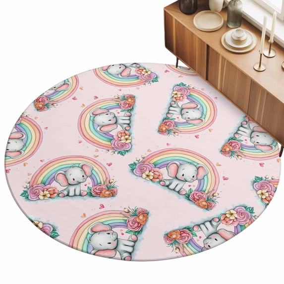 8ft Round Rug Pink Elephant Area Rugs for Living Room Bedroom Washable ...