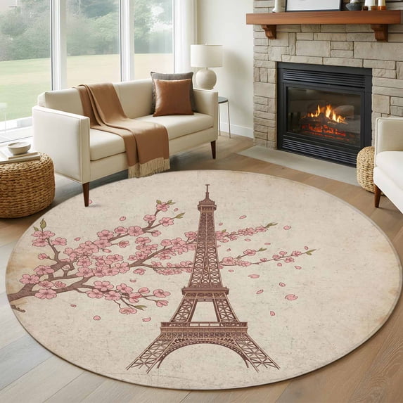 8ft Round Rug, Pink Floral Non-Skid Rubber Backing Large Area Rugs ...
