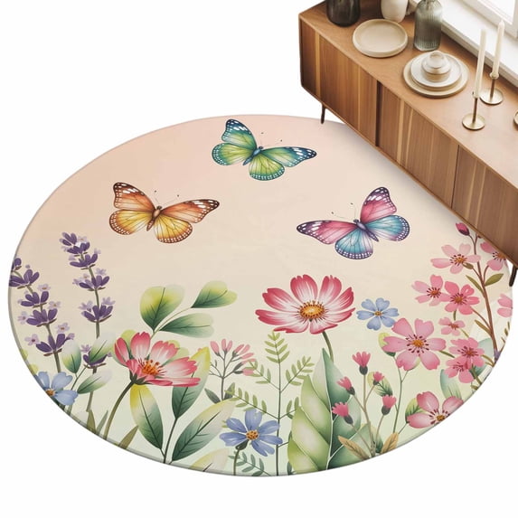 8ft Round Rug Pink Flowers Area Rugs for Living Room Bedroom Washable ...