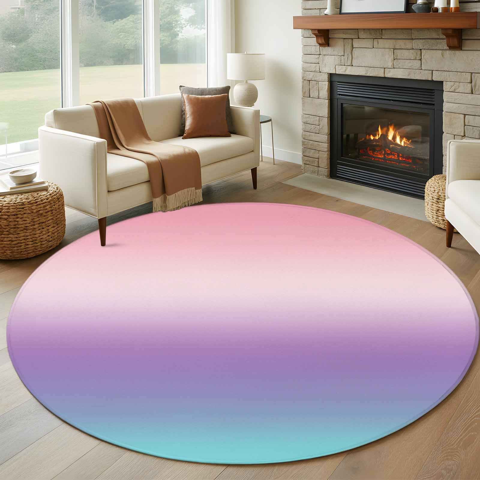 8ft Round Rug, Pink Purple Teal Ombre Cream Non-Skid Rubber Backing ...