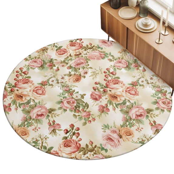 8ft Round Rug Pink Rose Fall Area Rugs for Living Room Bedroom Washable ...
