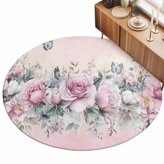 8ft Round Rug Pink Roses Floral Area Rugs for Living Room Bedroom ...