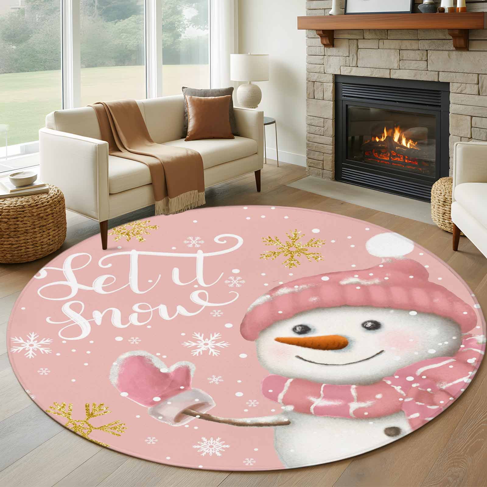 8ft Round Rug, Pink Snowman Christmas Non-Skid Rubber Backing Large ...