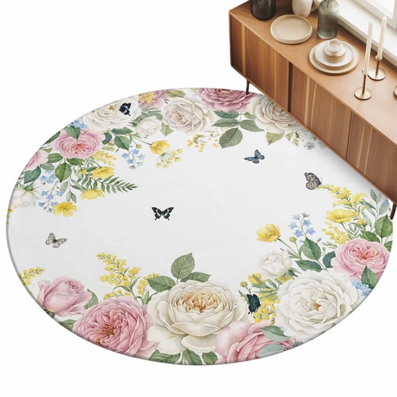 8ft Round Rug Pink White Flowers Area Rugs for Living Room Bedroom ...