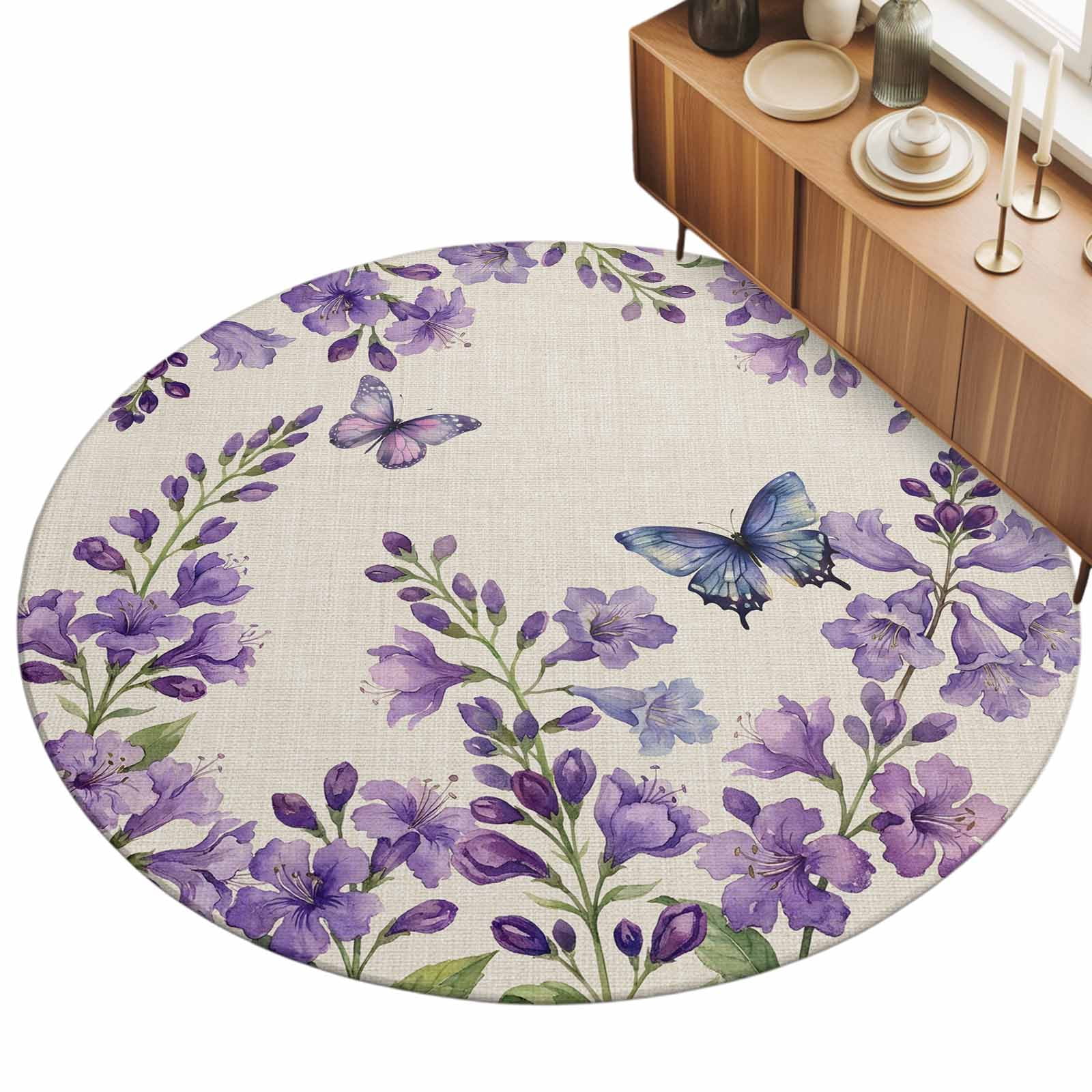 8ft Round Rug Purple Flowers Area Rugs for Living Room Bedroom Washable ...