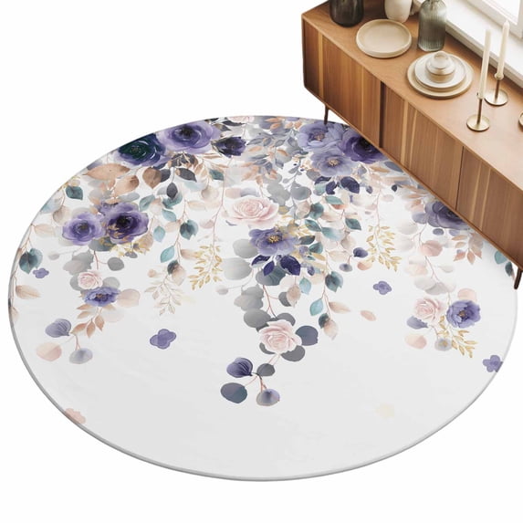 8ft Round Rug Purple Flowers Area Rugs for Living Room Bedroom Washable ...