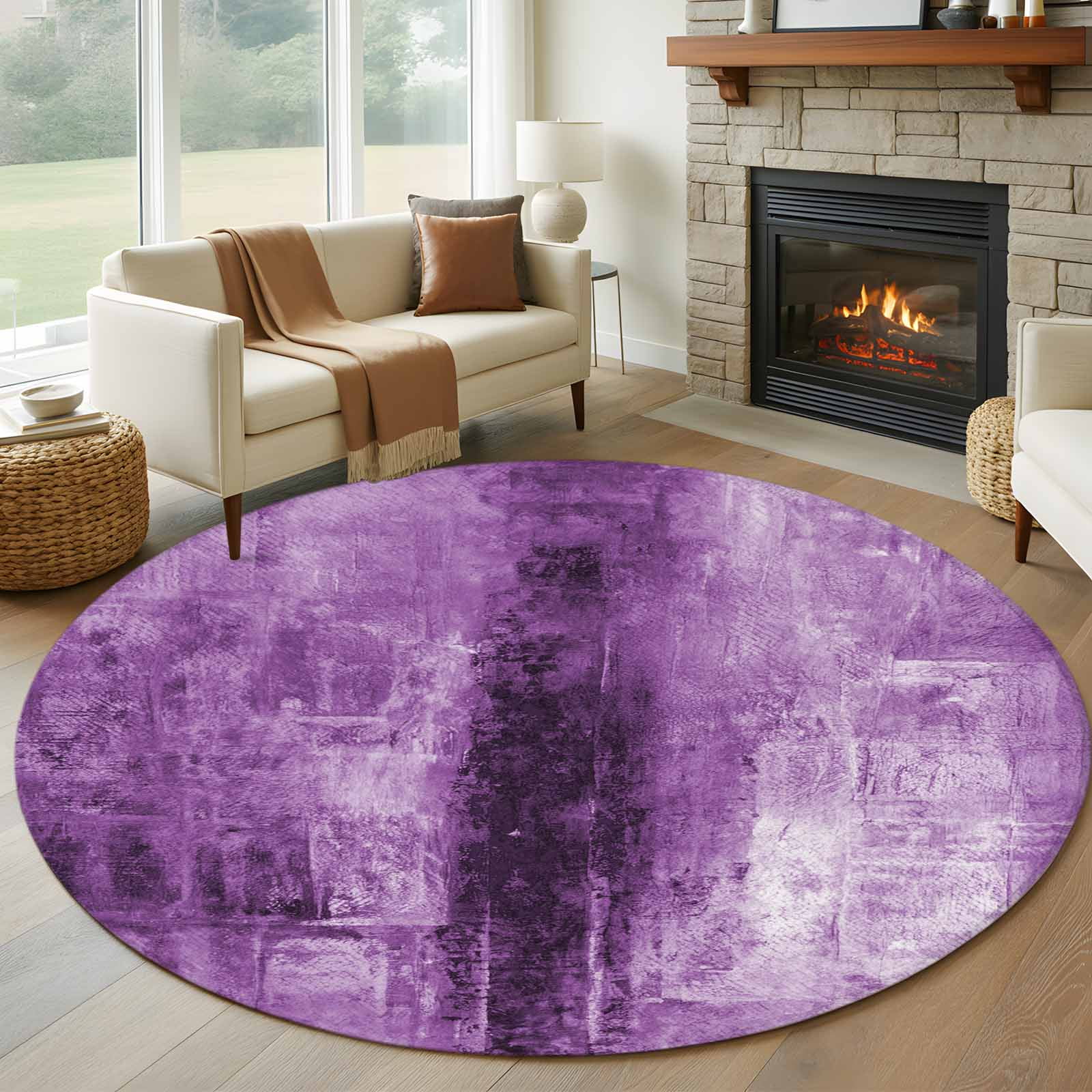 8ft Round Rug, Purple Non-Skid Rubber Backing Large Area Rugs - Living ...