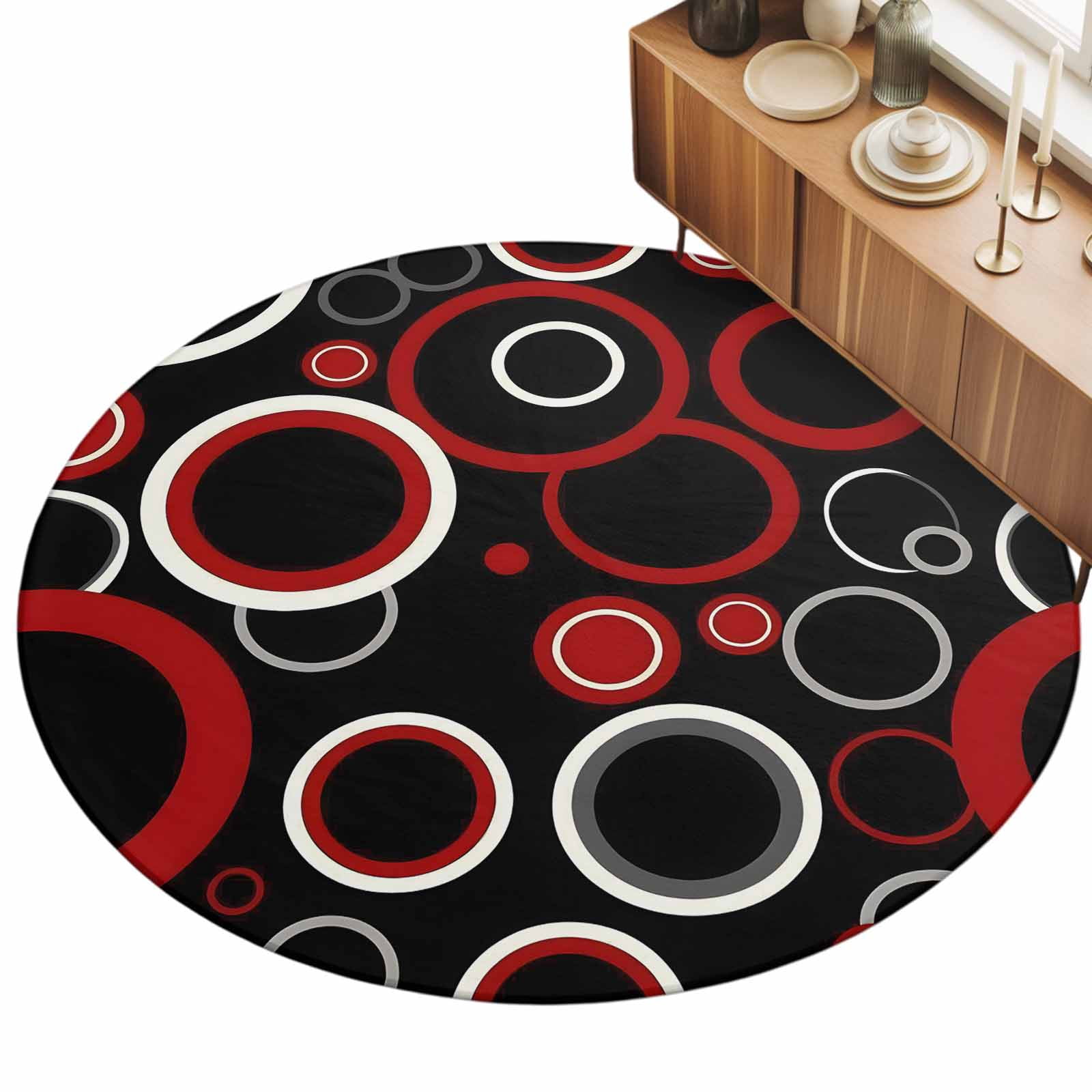 8ft Round Rug Red Black Area Rugs for Living Room Bedroom Washable Non ...