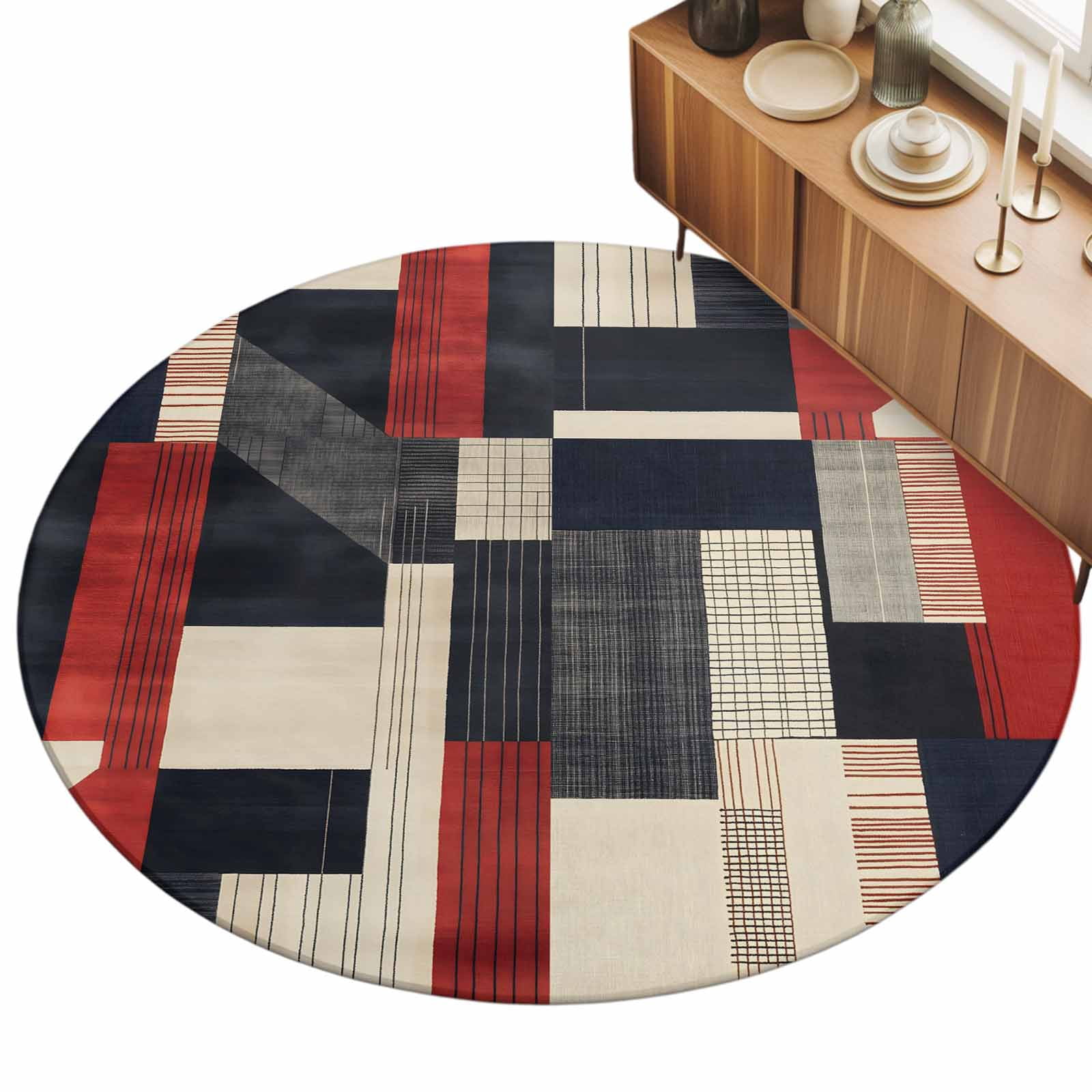 8ft Round Rug Red Black Beige Area Rugs for Living Room Bedroom ...