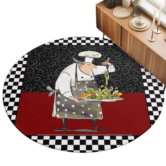8ft Round Rug Red Black Chef Area Rugs for Living Room Bedroom Washable ...