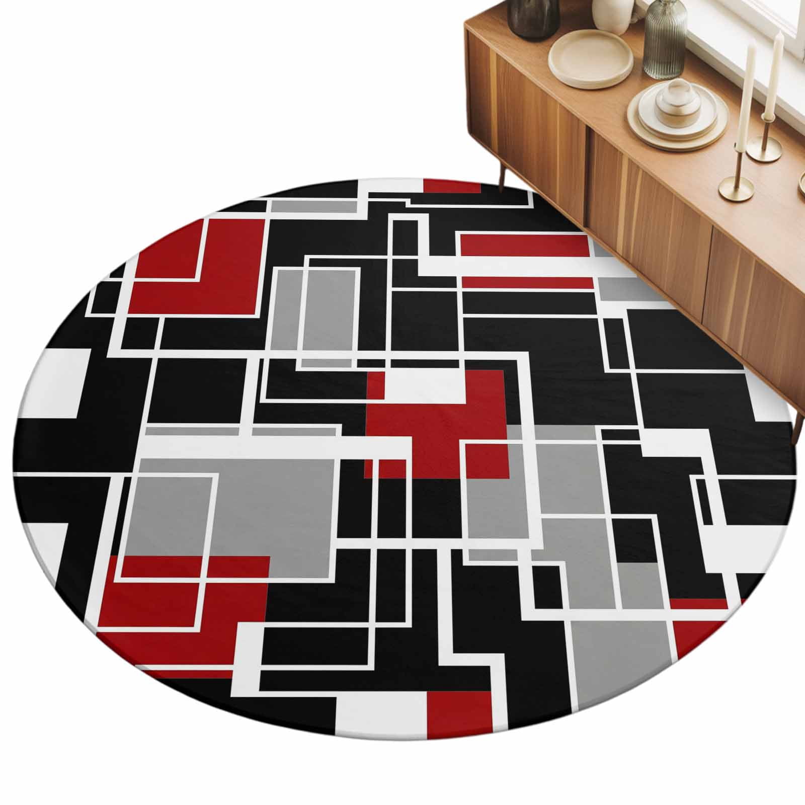 8ft Round Rug Red Black Geometric Area Rugs for Living Room Bedroom ...