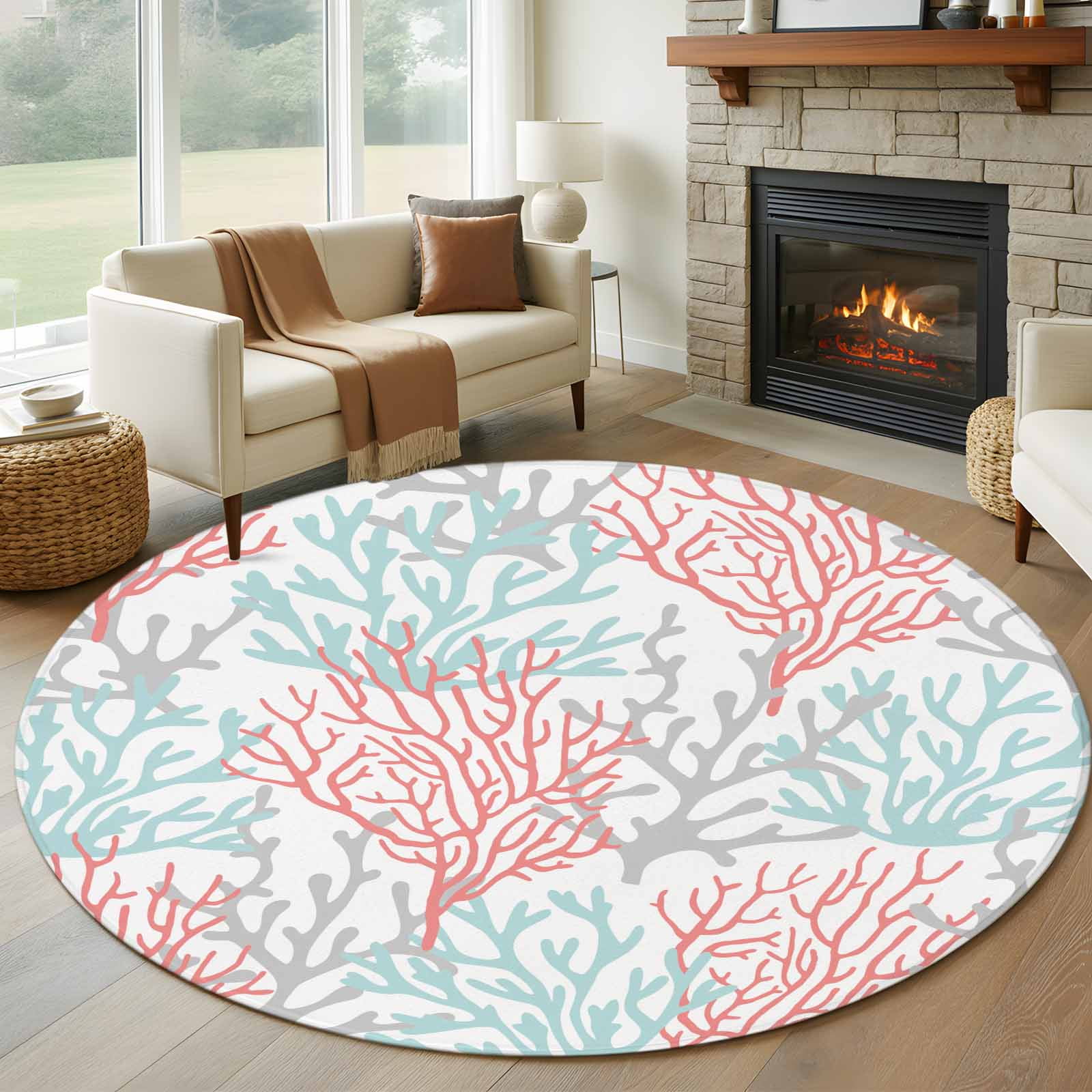 8ft Round Rug, Red Blue Coral Coastal Non-Skid Rubber Backing Large ...