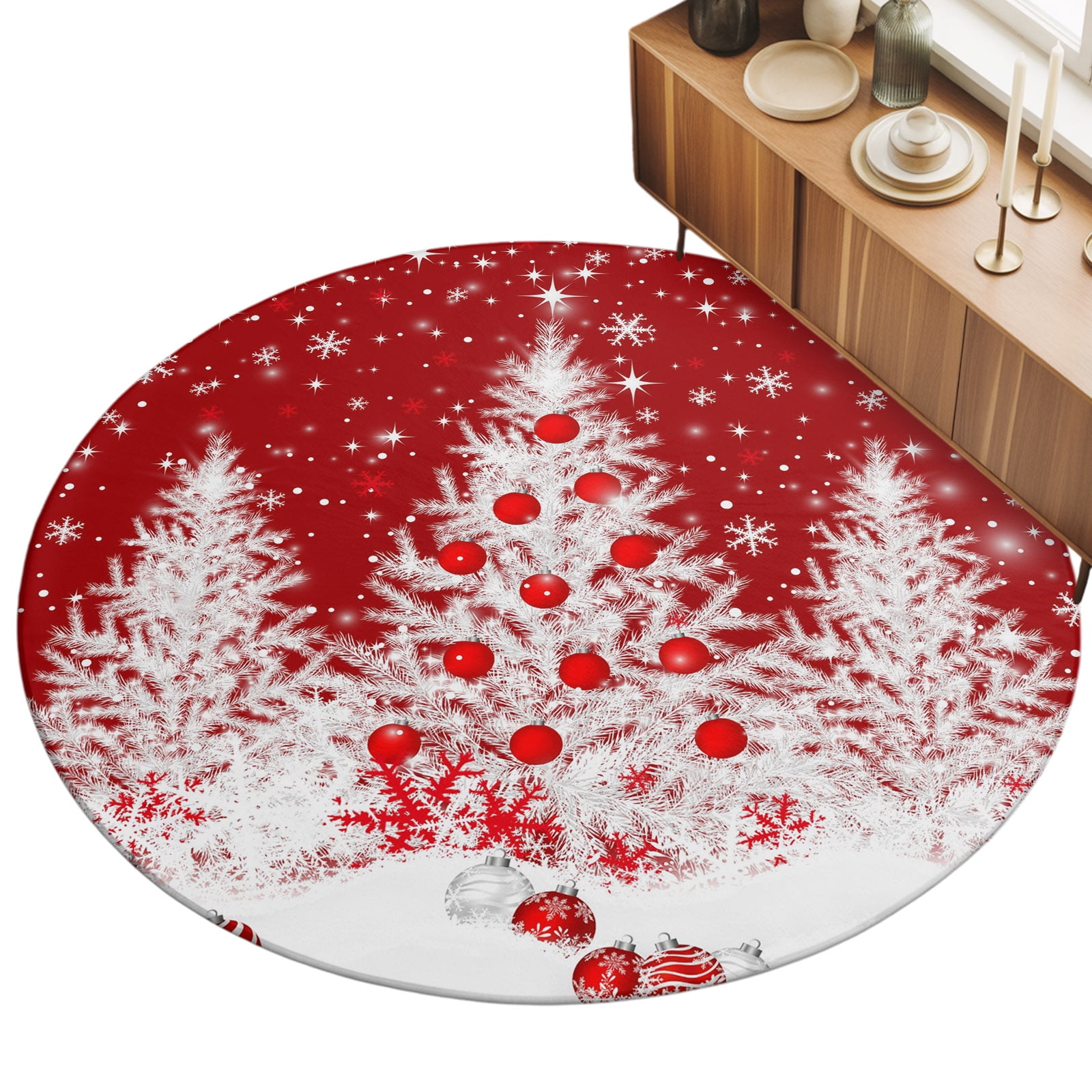 8ft Round Rug Red Christmas Area Rugs for Living Room Bedroom Washable ...