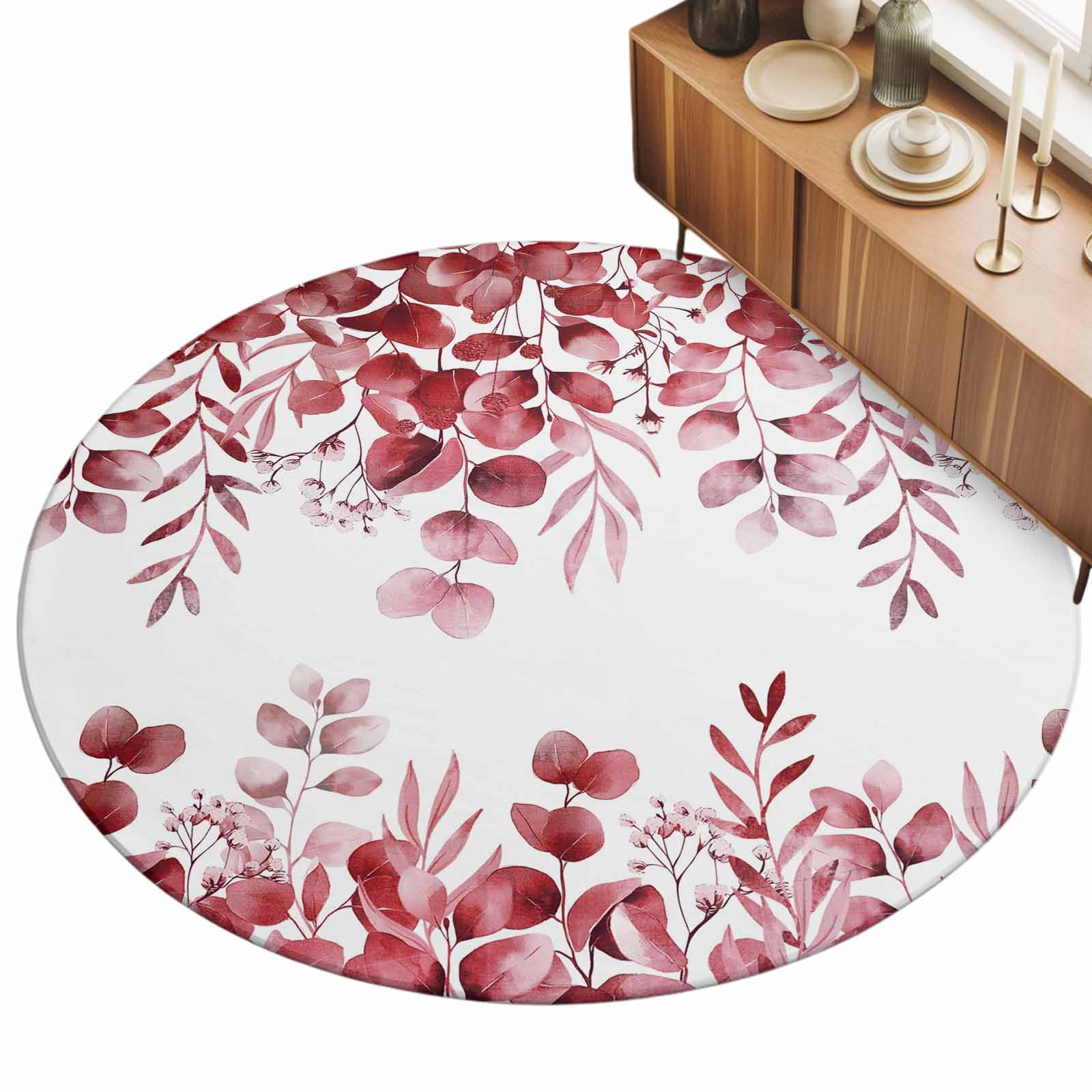 8ft Round Rug Red Eucalyptus Leaves Area Rugs for Living Room Bedroom ...