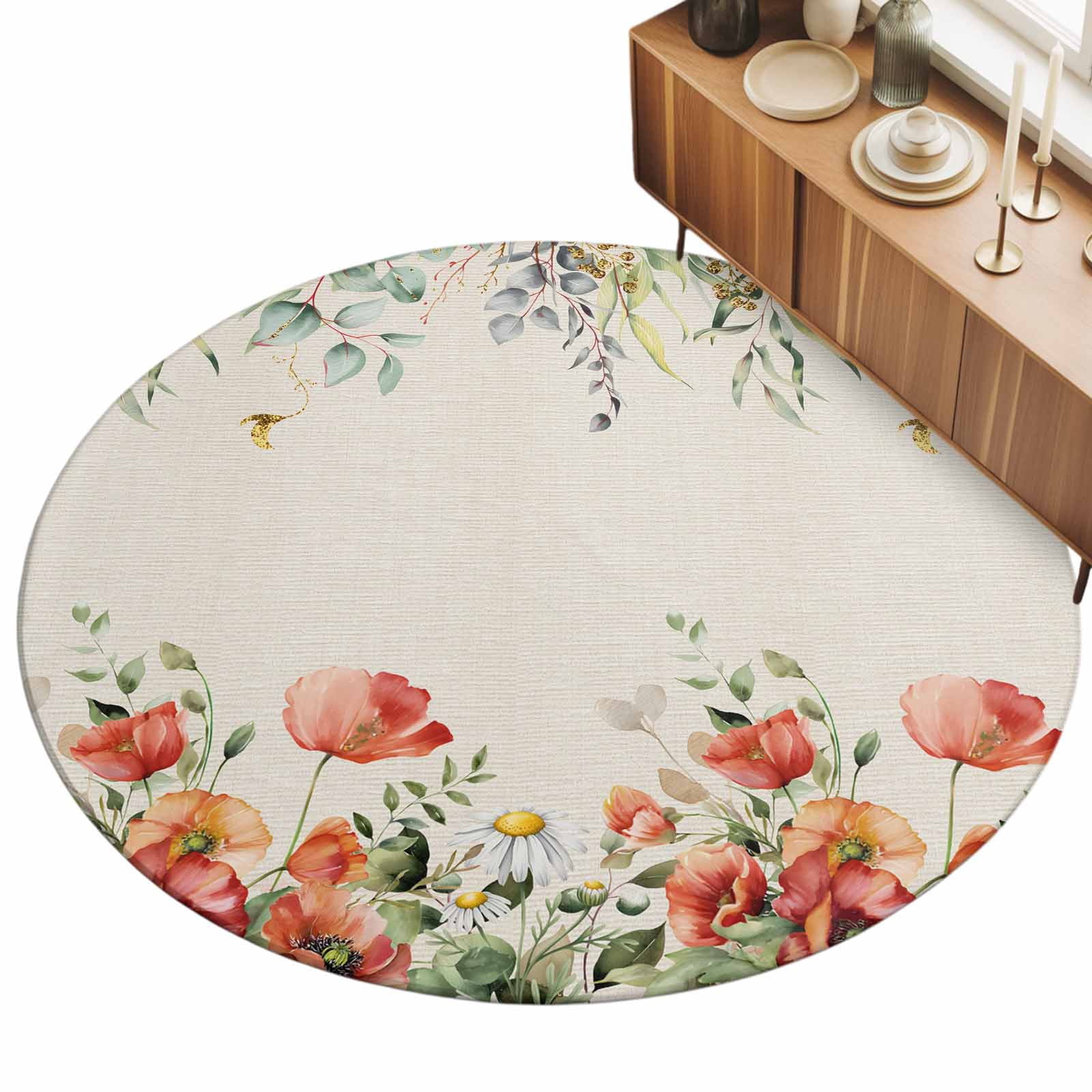 8ft Round Rug Red Poppy Area Rugs for Living Room Bedroom Washable Non ...