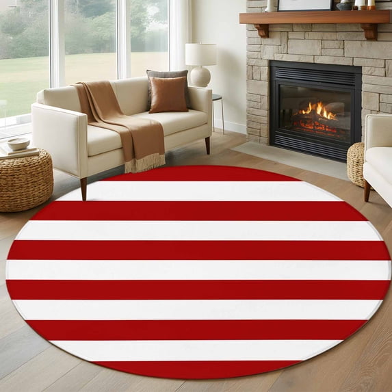 8ft Round Rug, Red Stripes Non-Skid Rubber Backing Large Area Rugs ...