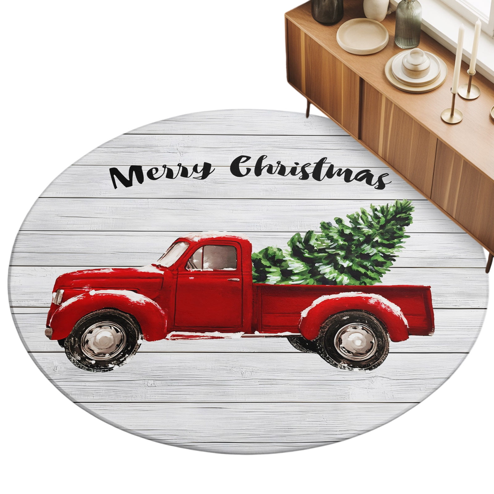 8ft Round Rug Red Truck Christmas Area Rugs for Living Room Bedroom ...