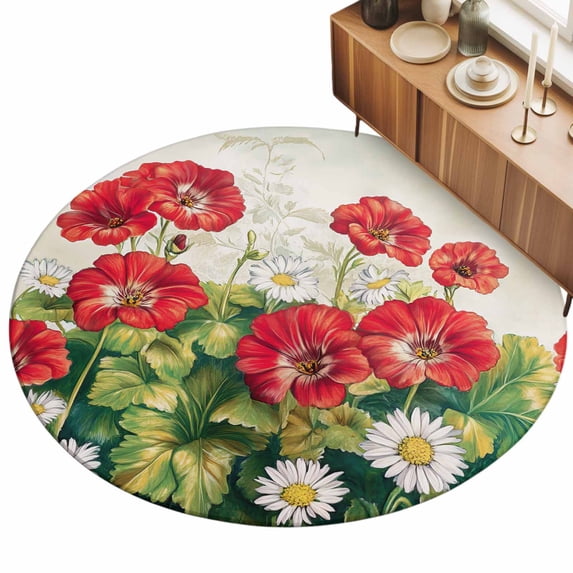 8ft Round Rug Red White Floral Area Rugs for Living Room Bedroom ...