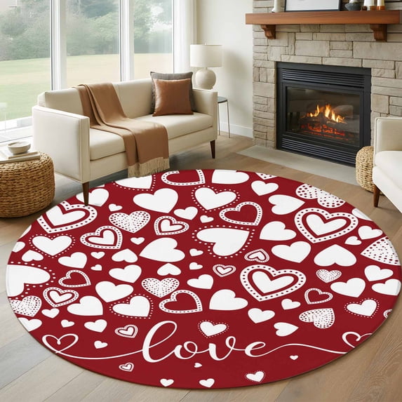 8ft Round Rug, Red White Valentine's Day Non-Skid Rubber Backing Large ...