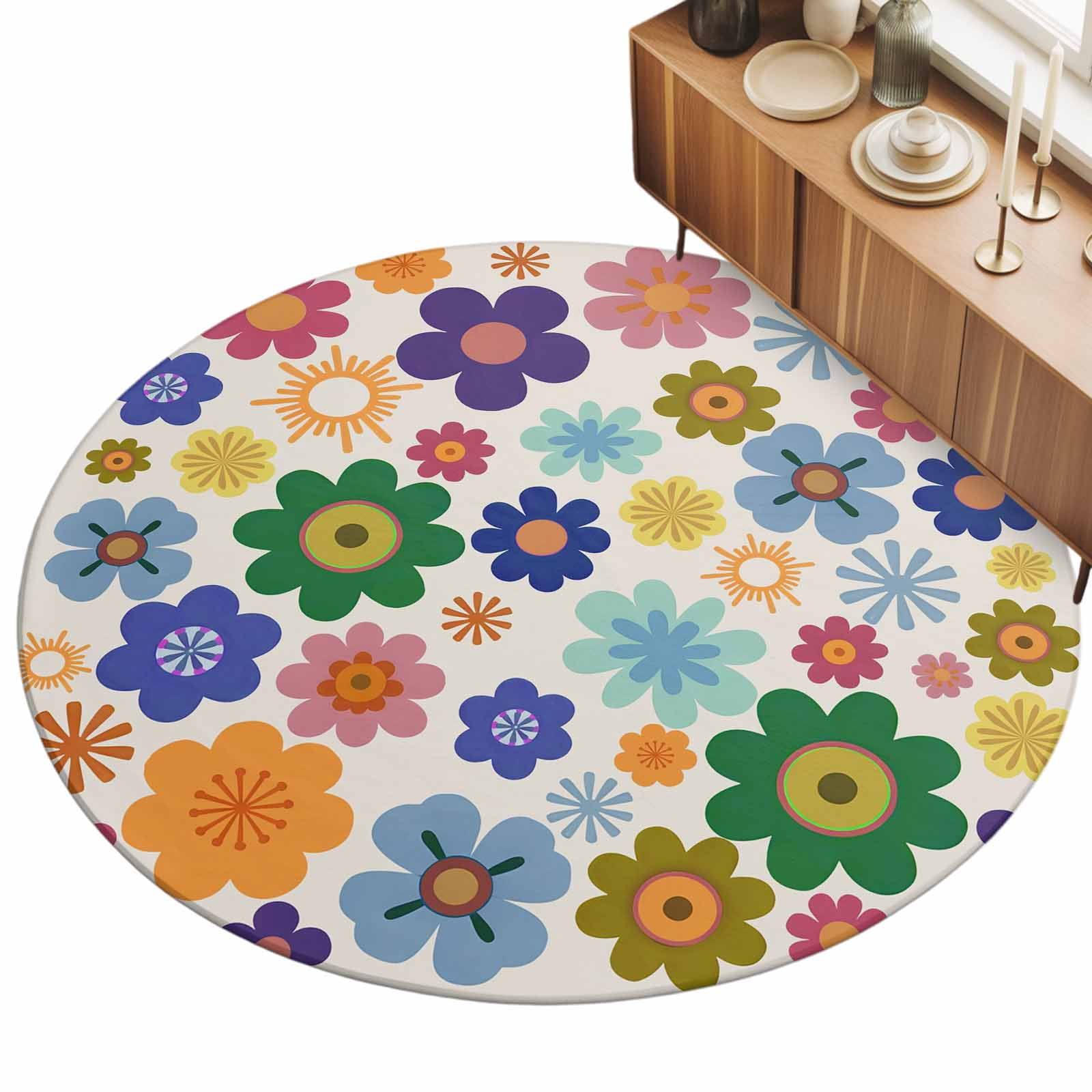8ft Round Rug Retro Bohemia Floral Area Rugs for Living Room Bedroom ...