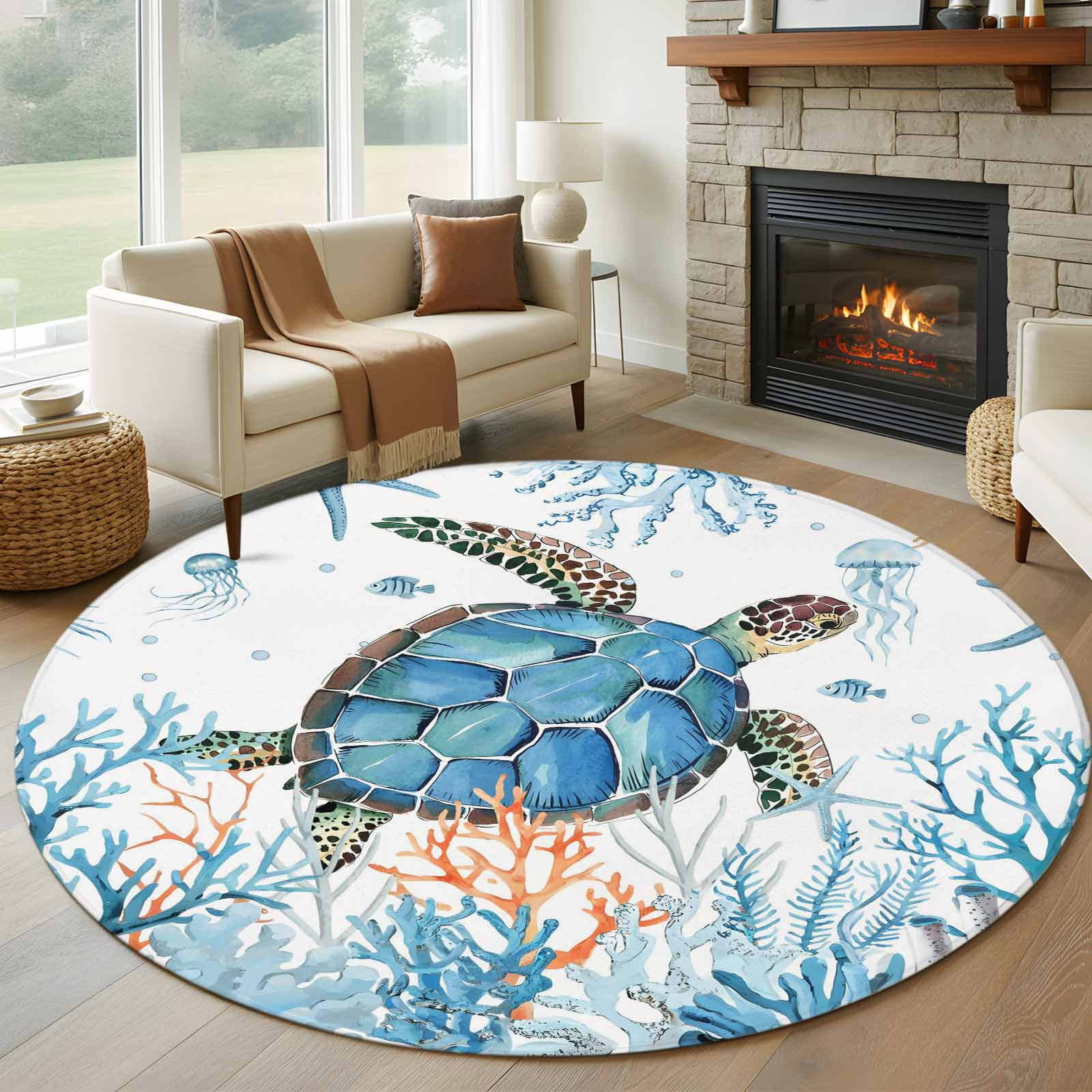8ft Round Rug, Sea Turtle Coastal Non-Skid Rubber Backing Large Area ...