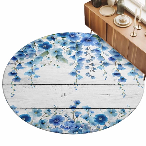 8ft Round Rug Spring Blue Floral Area Rugs for Living Room Bedroom ...