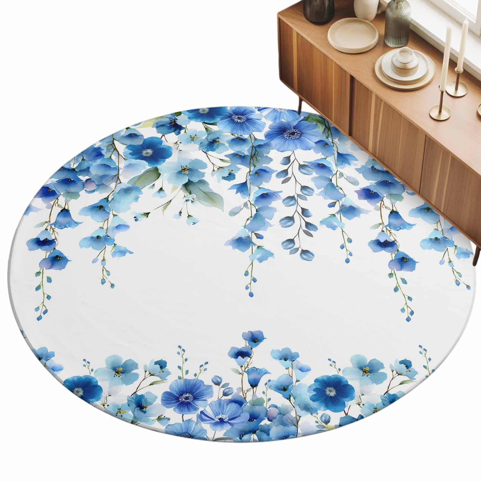 8ft Round Rug Spring Blue Floral Area Rugs for Living Room Bedroom ...