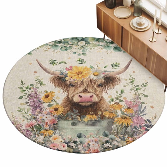 8ft Round Rug Spring Cow Floral Area Rugs for Living Room Bedroom ...